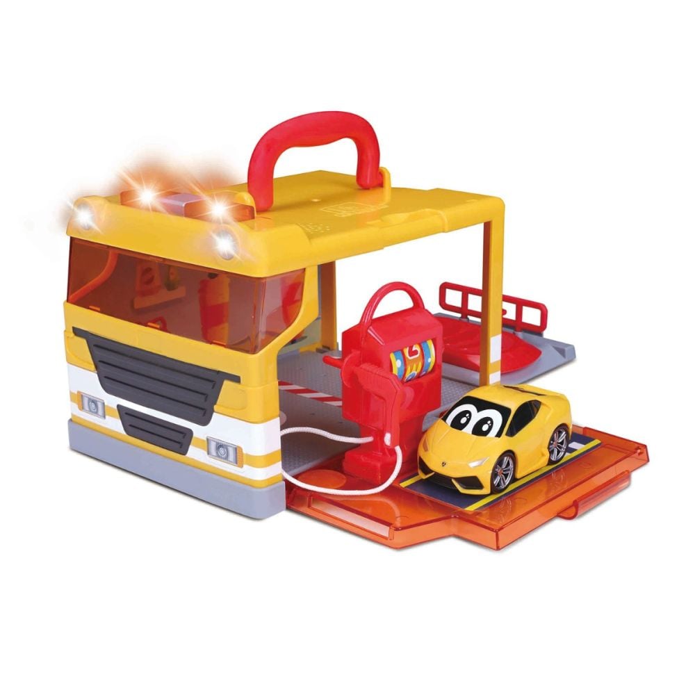 Primul meu garaj portabil in forma de camion, Bburago Junior, Galben ...