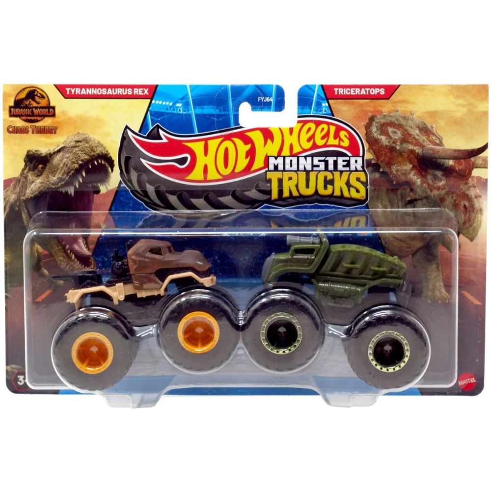 Set 2 masini Monster Truck, Hot Wheels, Jurassic World, Theory T Rex & Triceratops, JCC72 | Noriel