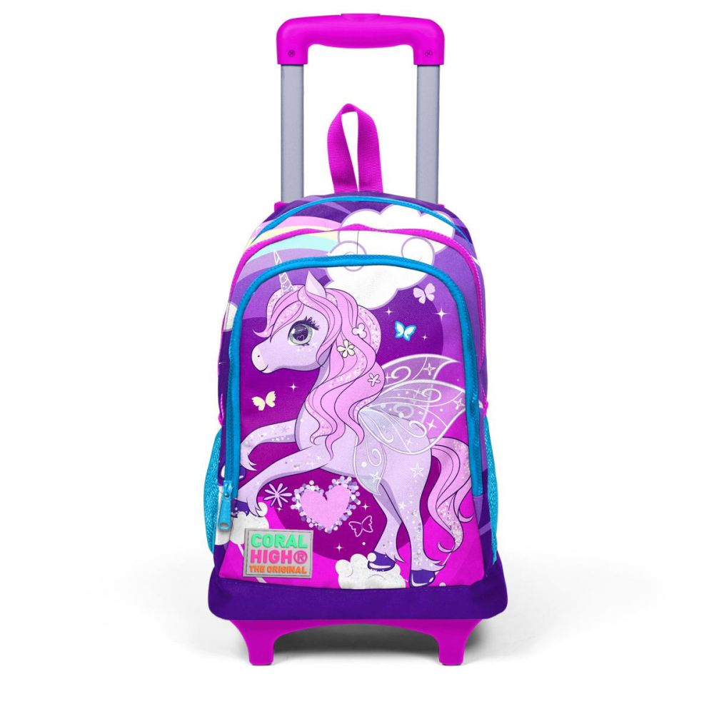 Ghiozdan tip troller cu 3 compartimente, Coral High, roz cu unicorn ...